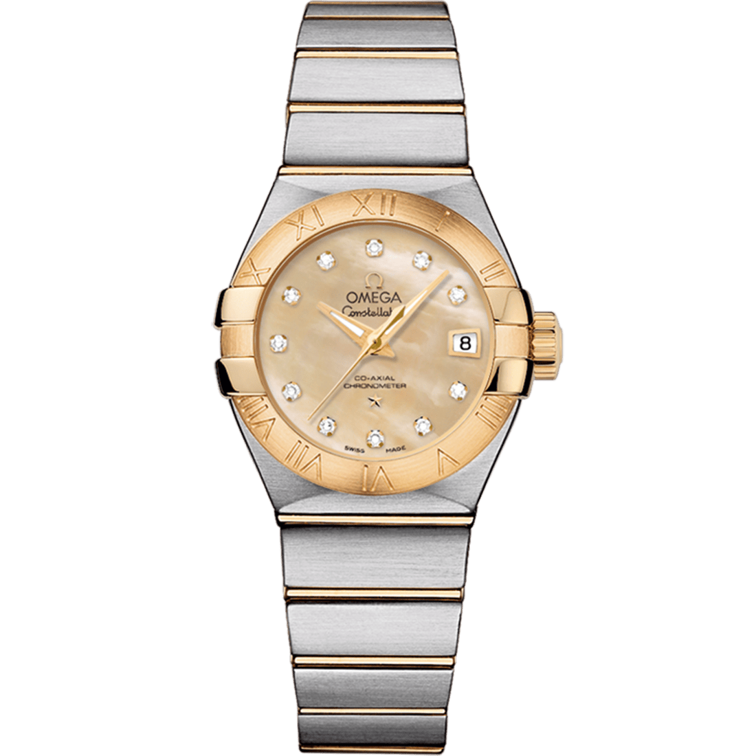 星座系列 27毫米, 精钢-黄色18 k金表壳 搭配 精钢-黄色18 k金表链 - 123.20.27.20.57.002 | OMEGA®