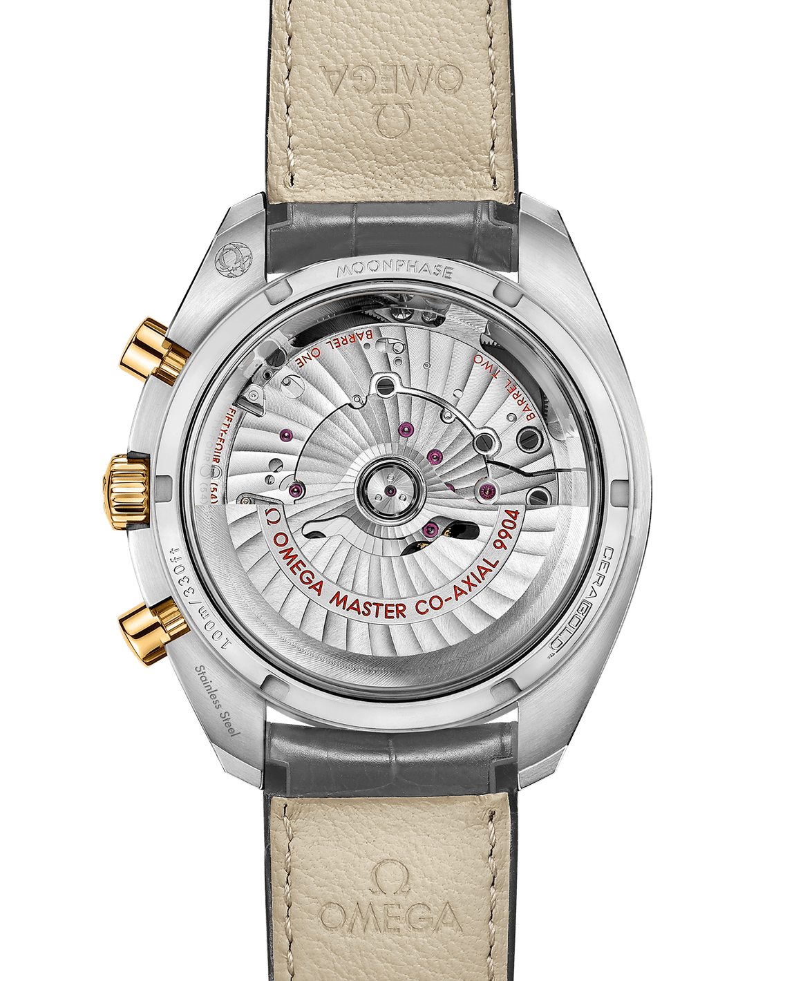 超霸系列 月相功能 44.25毫米, 精钢-黄色18 k金表壳 搭配 皮表带 - 304.23.44.52.06.001 | OMEGA®